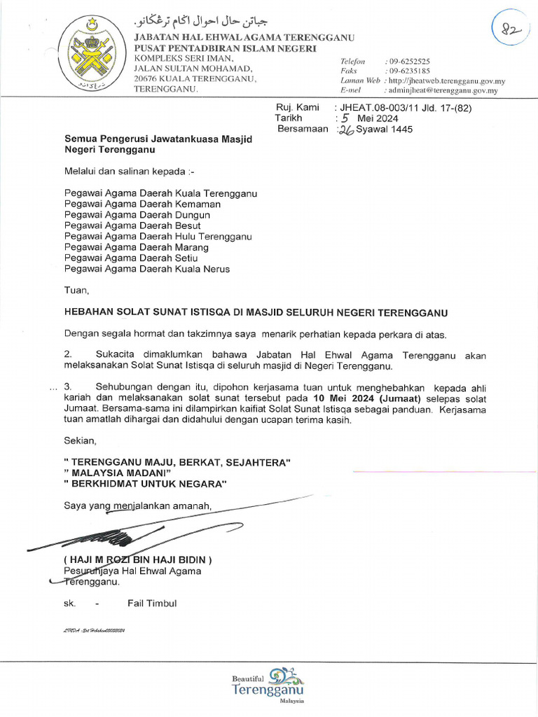 Hebahan Solat Sunat Istisqa Di Masjid Seluruh Negeri Terengganu. | PDF