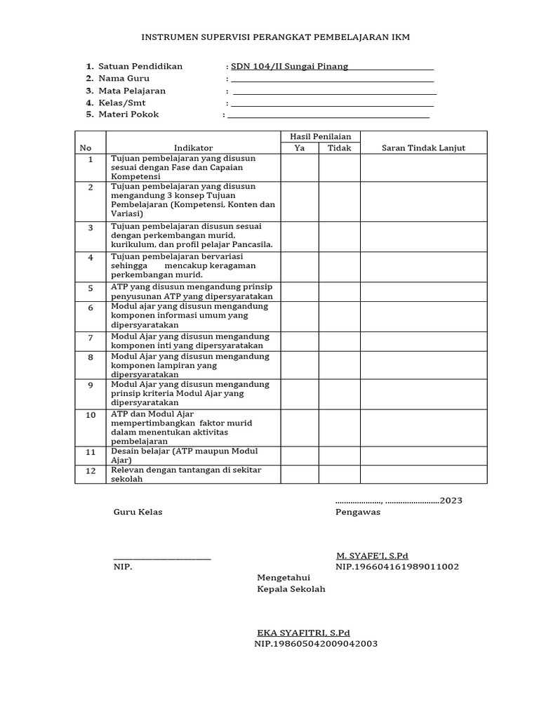 Instrumen Supervisi Perangkat Pembelajaran Ikm | PDF | Karier & Perkembangan | Pengembangan Diri
