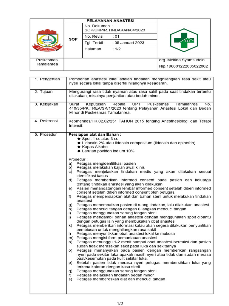 SOP Pelayanan Anastesi Lokal Puskesmas | PDF