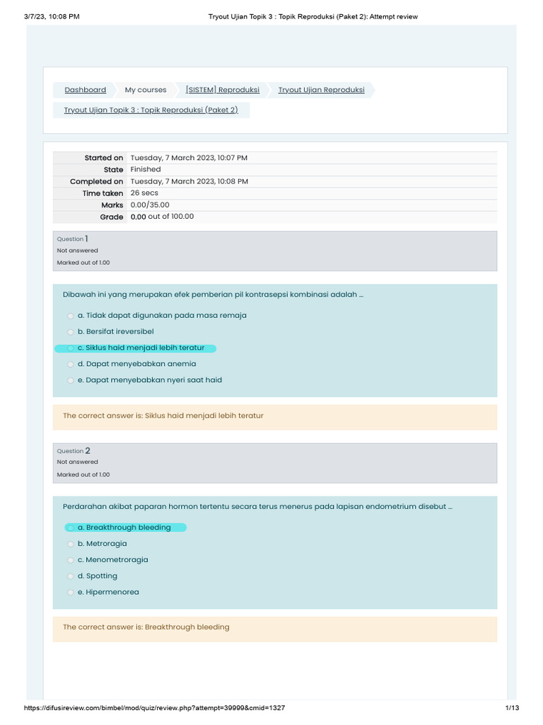 Tryout Ujian Topik 3 - Topik Reproduksi (Paket 2) - Attempt Review | PDF
