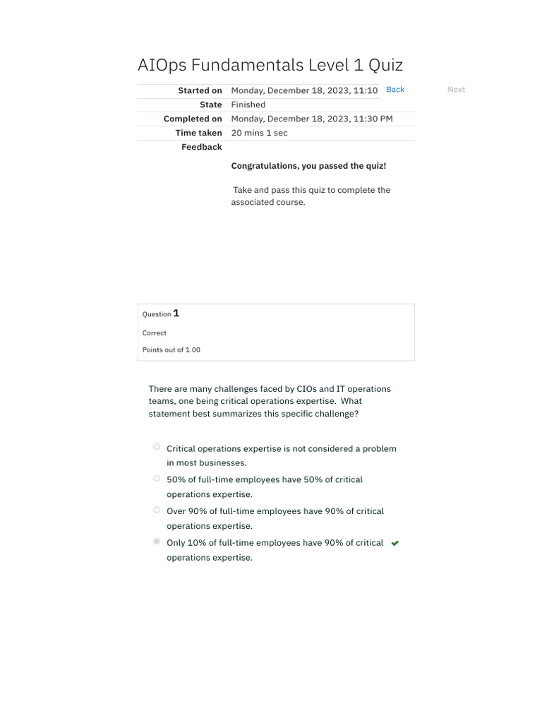 AIOps Fundamentals Level 1 Quiz - Attempt Review | PDF | Cloud ...