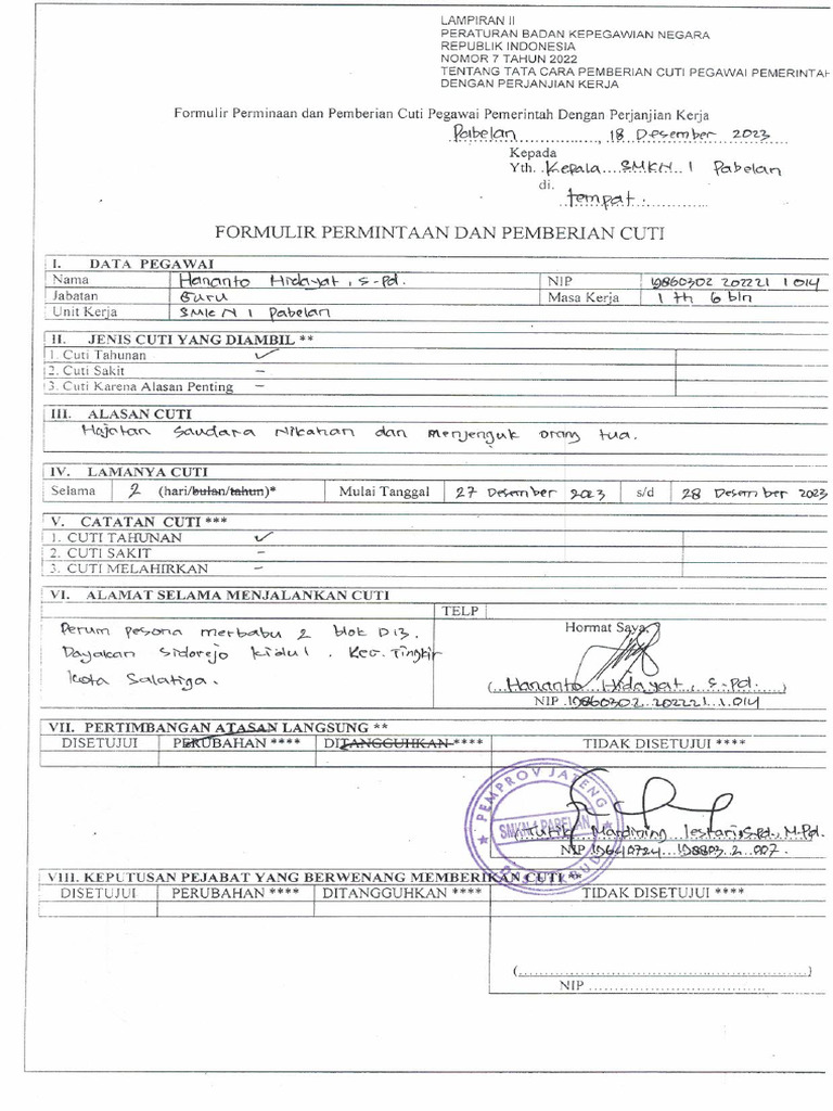 FORM IJIN CUTI TAHUNAN HANANTO | PDF