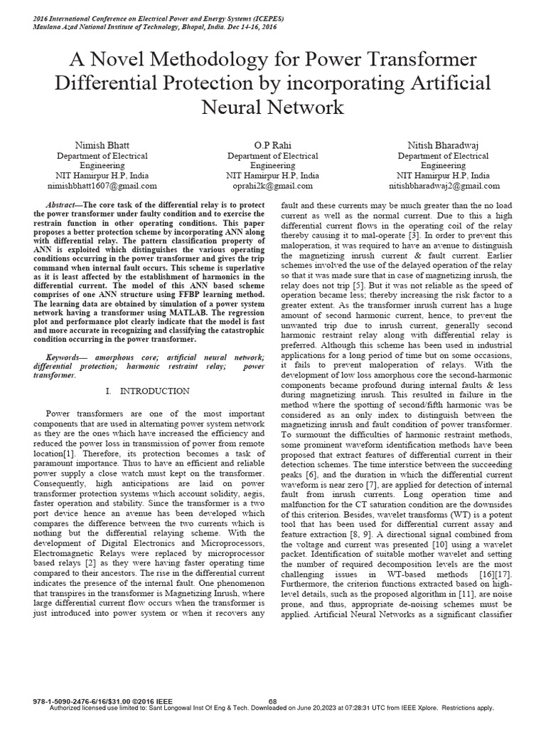 A Novel Methodology For Power Transformer Differential Protection by ...