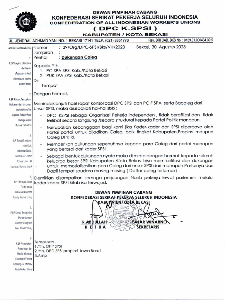 Surat Dukungan KSPSI Bekasi Untuk Caleg Dari SPSI | PDF