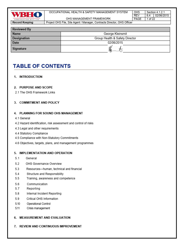 4.1.2.1 Ohs Framework | PDF | Occupational Safety And Health | Risk
