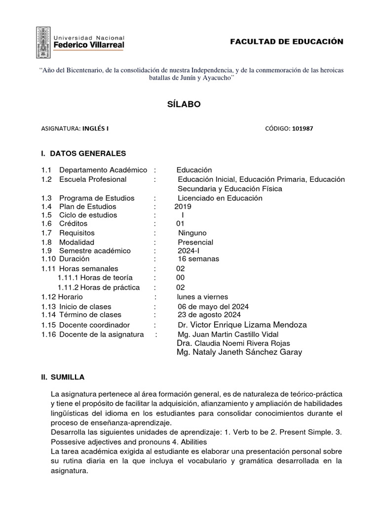 Silabo - Ingles I - 2024 | PDF | Evaluación | Aprendizaje
