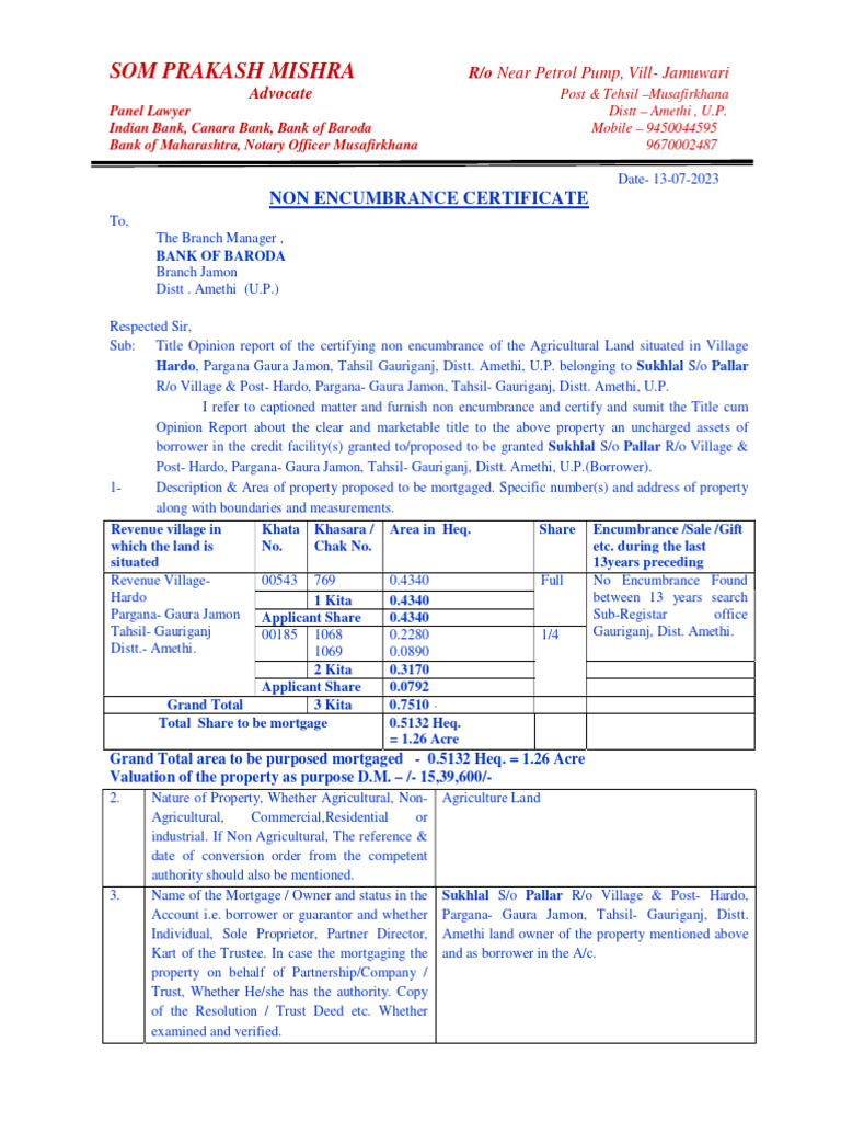 Som Prakash Mishra: Non Encumbrance Certificate | PDF | Mortgage Law | Deed