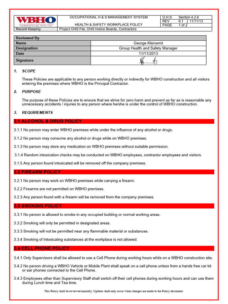 WBHO Health & Safety Policy Overview | PDF | Occupational Safety And Health