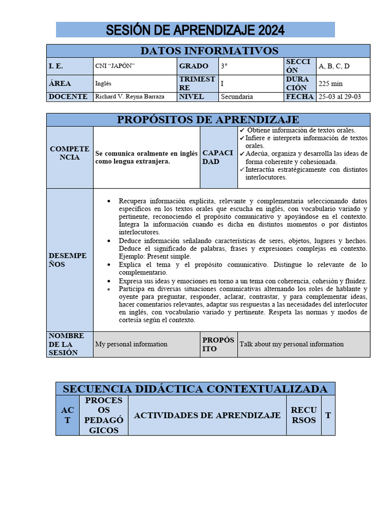 Lesson Plan About Personal Information 3° Secondary | PDF | Evaluación ...
