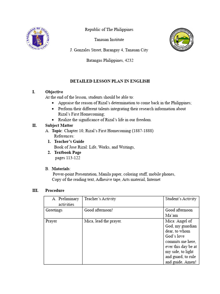 Rizal's First Homecoming Lesson Plan | PDF