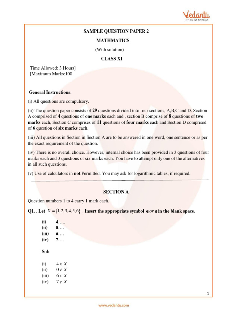CBSE Sample Paper For Class 11 Maths With Solutions - Mock Paper-2 | PDF | Mathematics ...