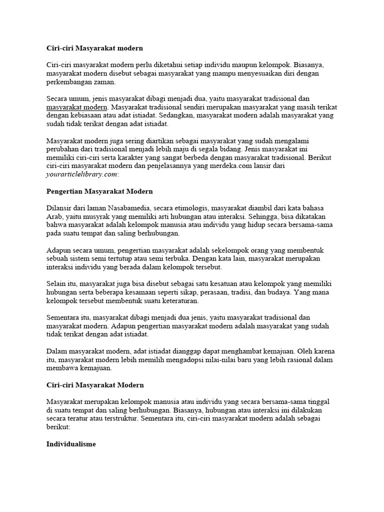 Ciri Masyarakat Modern Dan Tradisional | PDF