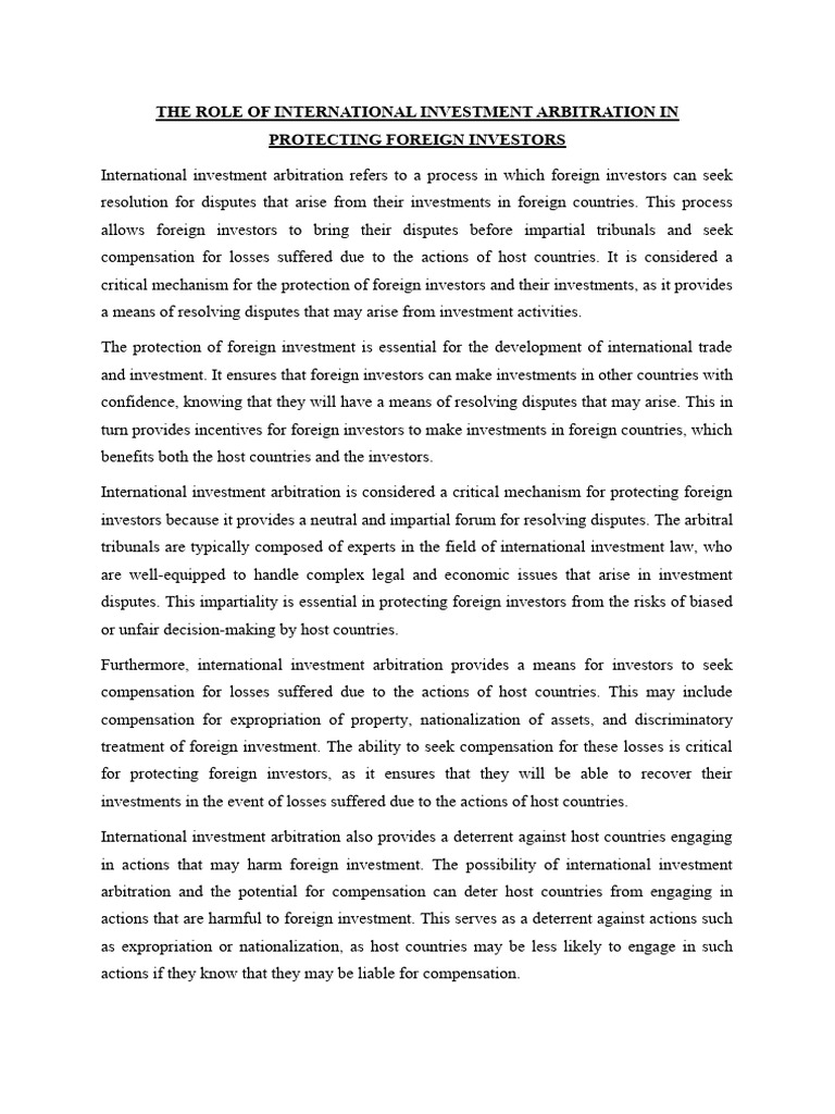 The Role of International Investment Arbitration in Protecting Foreign ...