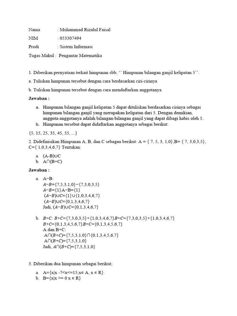 Tugas 1 Pengantar Matematika | PDF | Sains & Matematika | Komputer