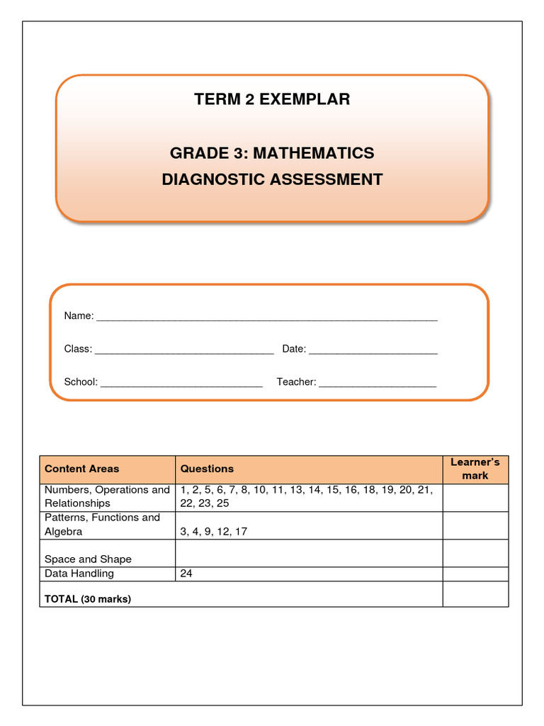 Exemplar gr3 Maths Diagnostic Assessment - Term 2 - 2021 | PDF ...