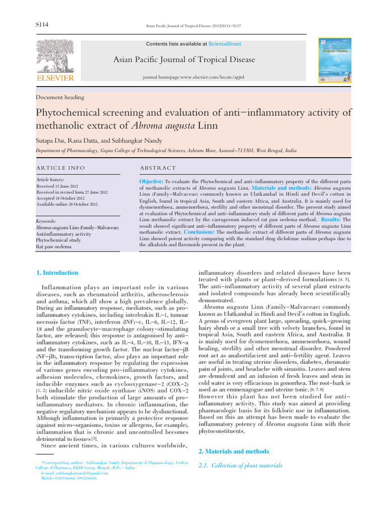 Anti-Inflammatory Effects of Abroma augusta | PDF | Inflammation | Cytokine