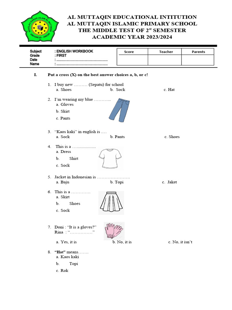 Soal STS English WB SEM 2 - Kelas 1 | PDF | Style | Dress Codes