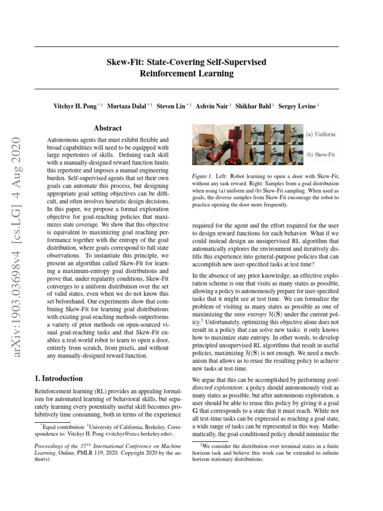 Skew-Fit: State-Covering Self-Supervised Reinforcement Learning | PDF | Mathematical ...