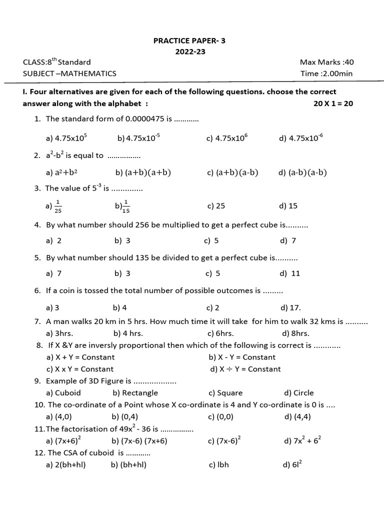 Practice Paper 3 | PDF | Area | Mathematics