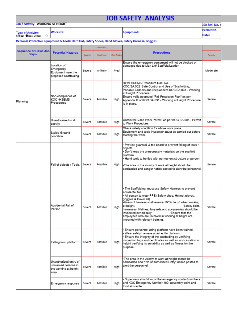 JSA - Working at Height | PDF | Working Conditions | Occupational Safety And Health