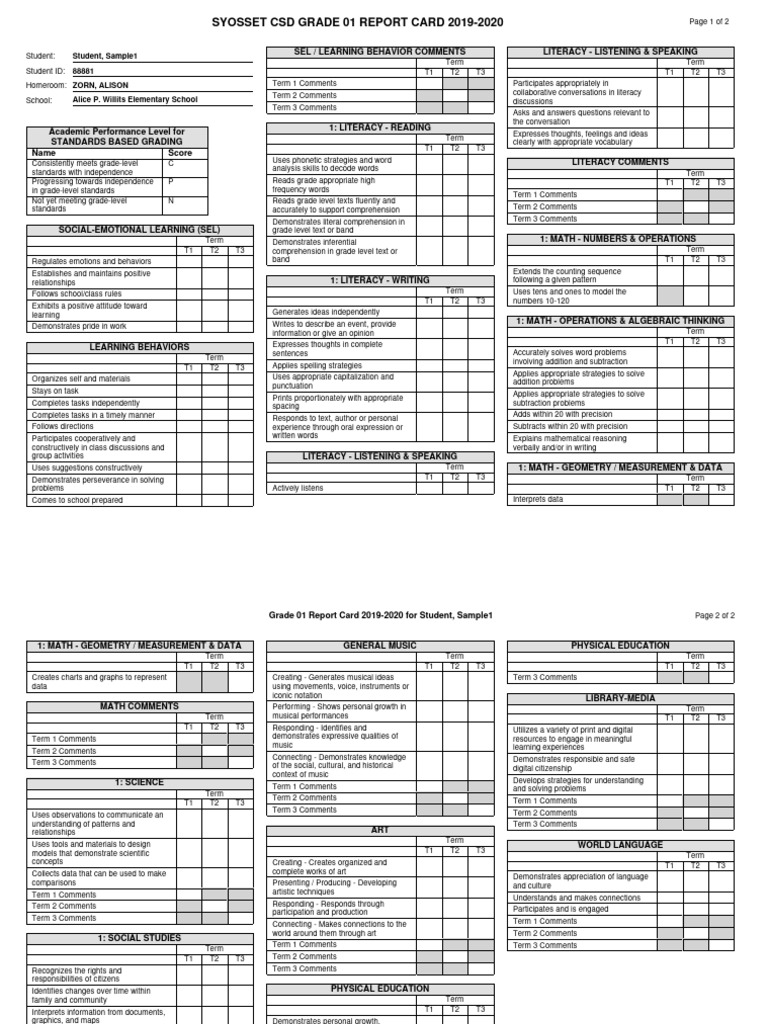 Sample Grade 1 Report Card 9 - 26 - 19 | PDF | Reading Comprehension ...