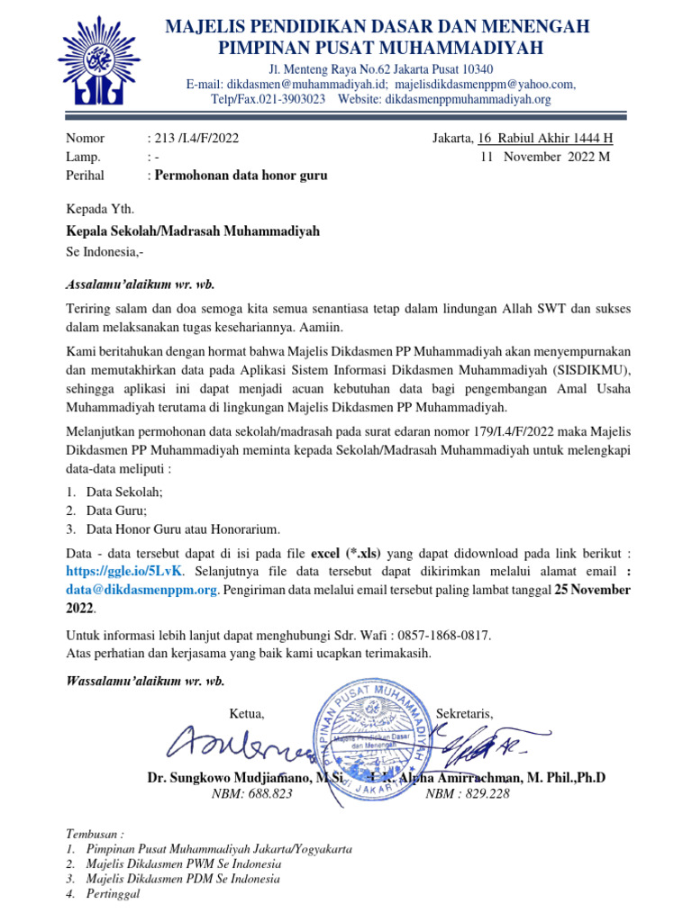 213 - Surat Permohonan Data Honor Guru | PDF