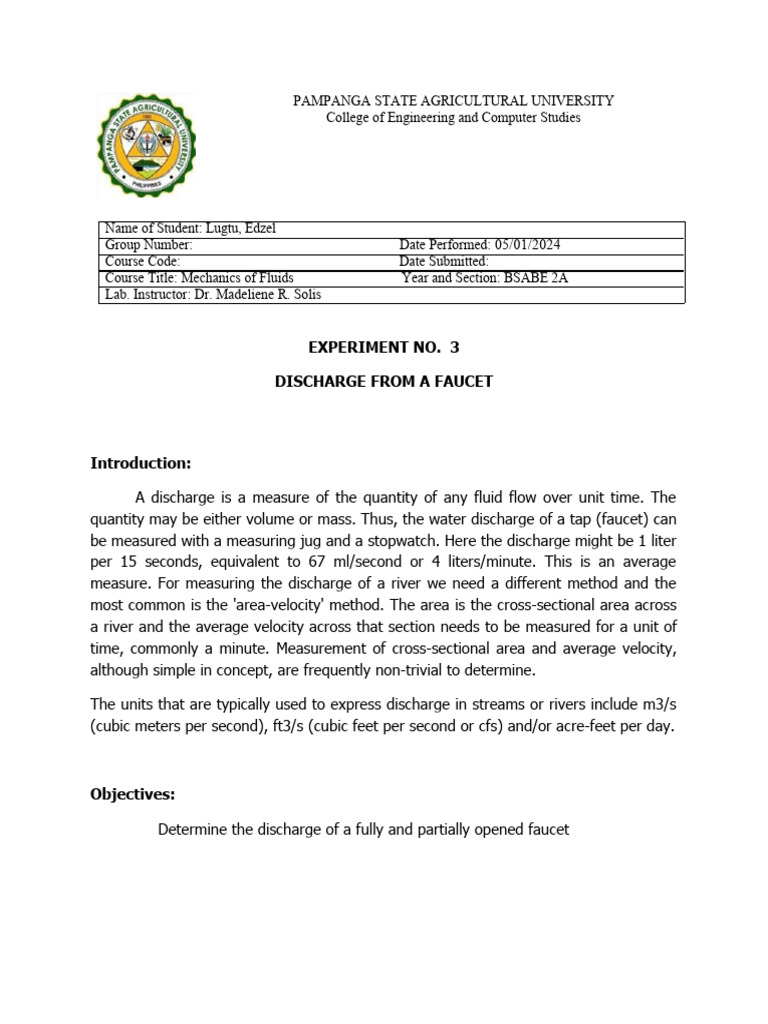 Lab 3 Discharge in The faucetDIY | PDF | Discharge (Hydrology) | Metrology