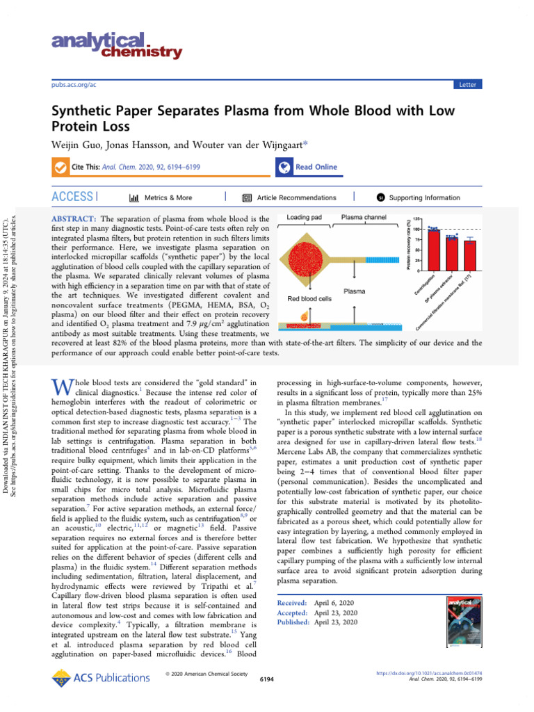 Guo Et Al 2020 Synthetic Paper Separates Plasma From Whole Blood With ...