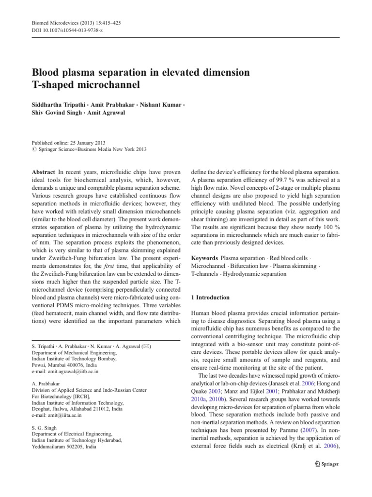 Blood Plasma Separation in Elevated Dimension T-Shaped Microchannel ...