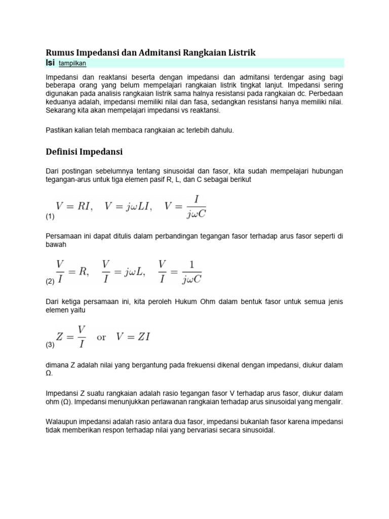 Rumus Impedansi dan Admitansi Listrik | PDF