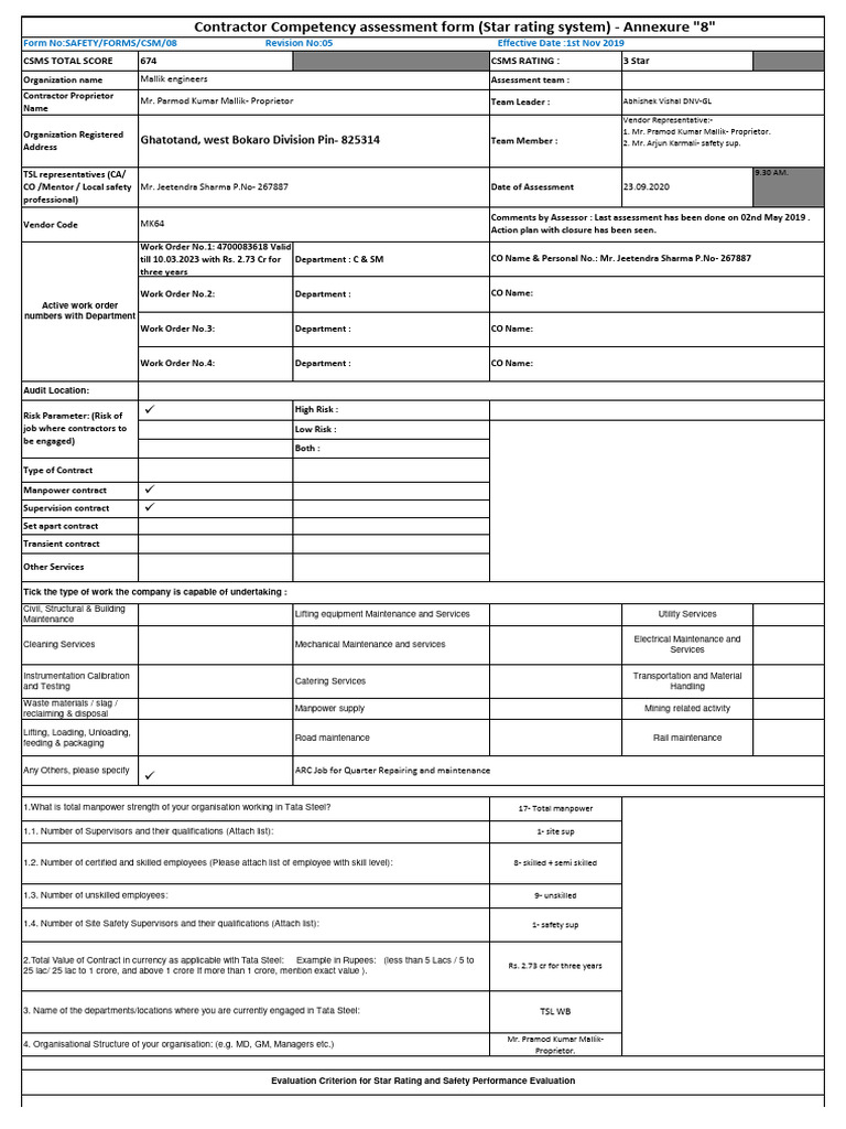 20200923-MK64-CSM star rating audit-WB - Mallik Engg | PDF | Audit | Safety