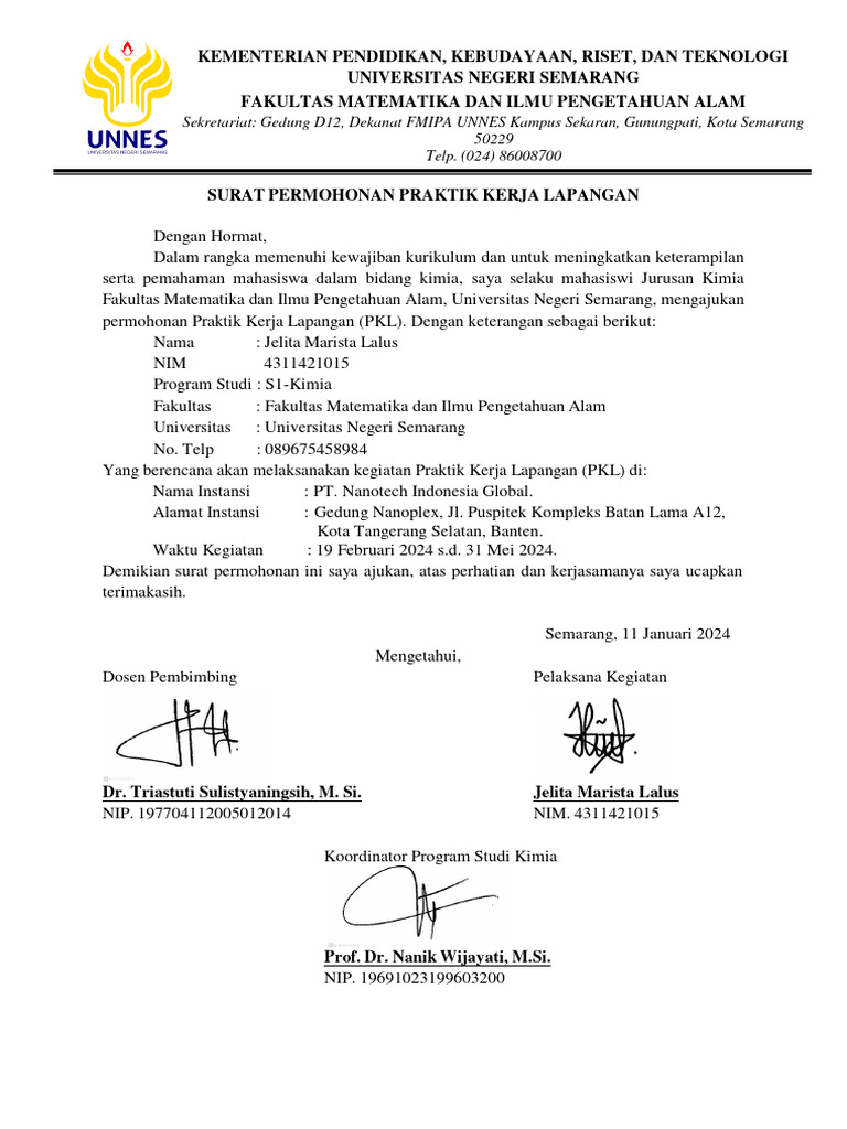 Contoh SURAT PERMOHONAN PKL | PDF