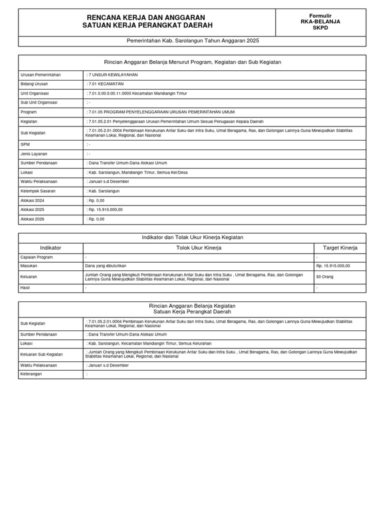 Rencana Kerja Dan Anggaran Satuan Kerja Perangkat Daerah: Formulir Rka-Belanja SKPD | PDF