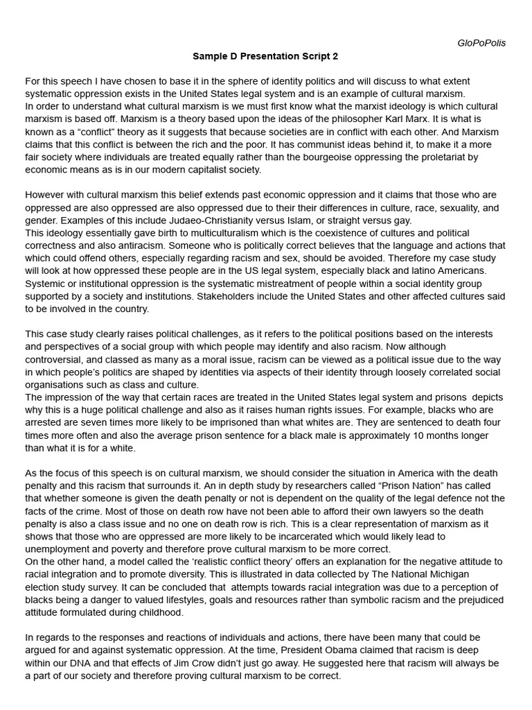 Sample D Presentation Script 2 | PDF | Marxism | Racism
