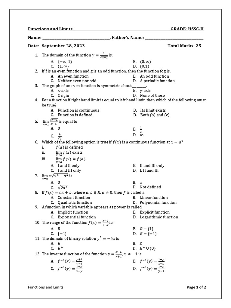 Functions and Limits Practice Questions | PDF | Function (Mathematics ...