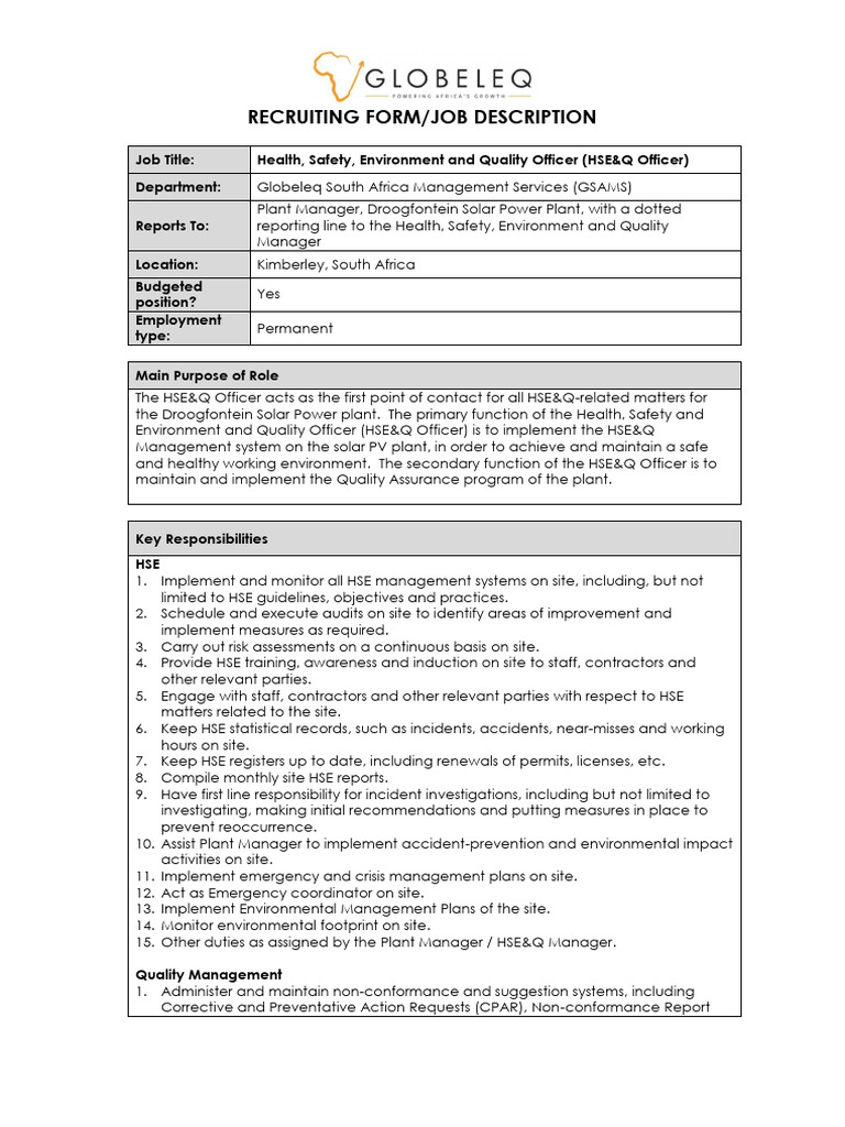 HSE and Quality Officer DFSP JD 20170802 Changed | PDF | Employment | Audit