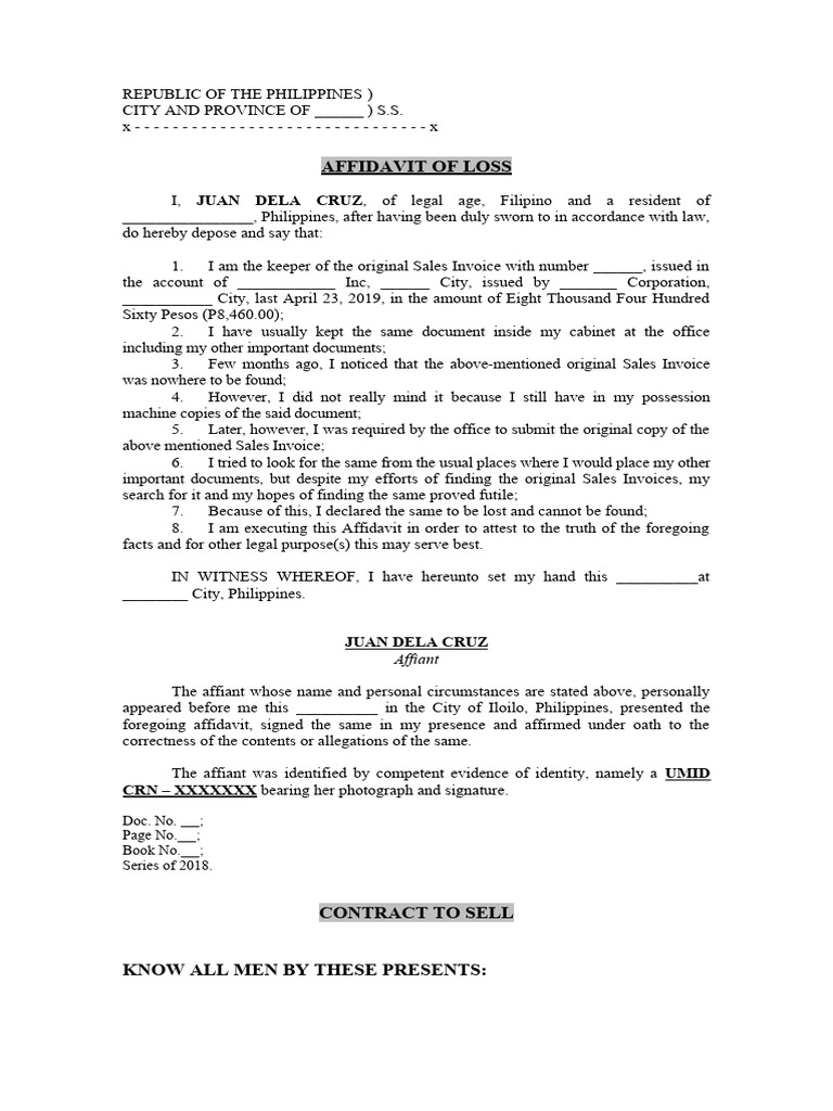 Affidavit of Loss and Contract to Sell | PDF | Affidavit | Private Law