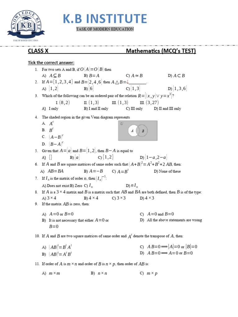 X Class Mathematics | PDF | Matrix (Mathematics) | Abstract Algebra