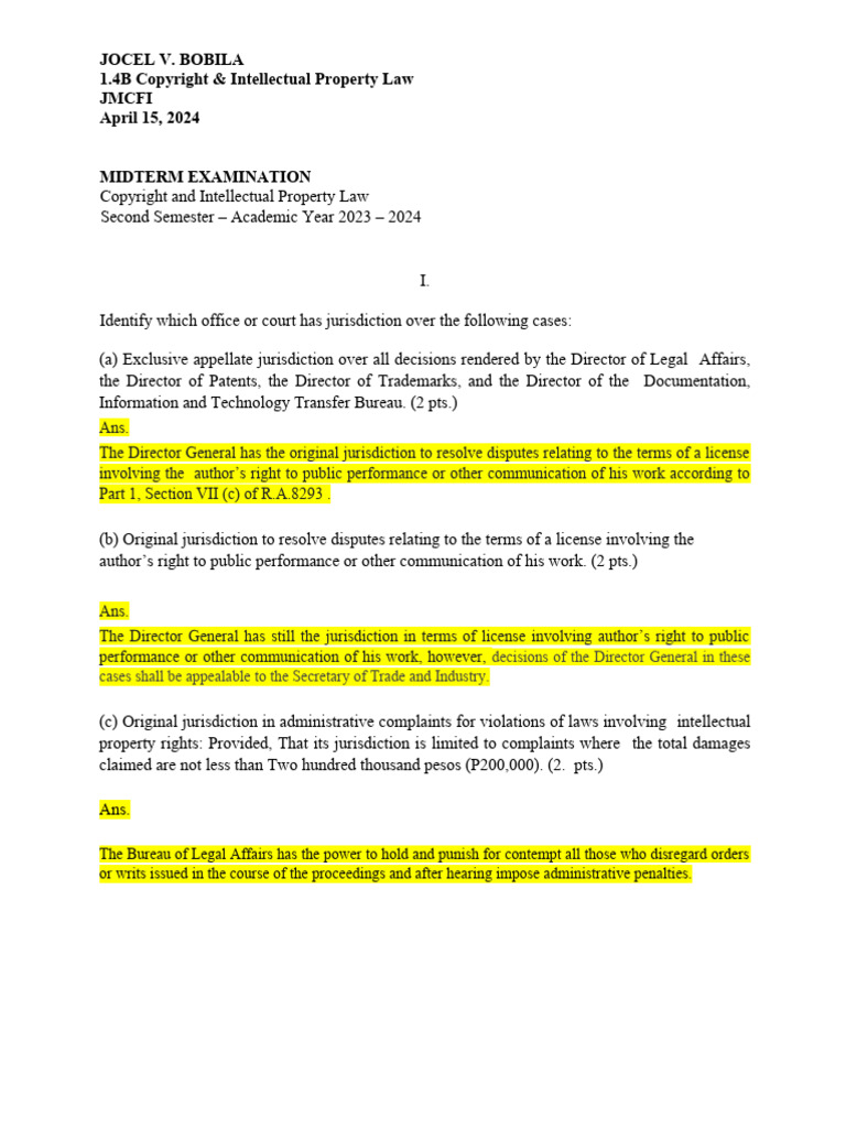 Midterm Exam Questions Copyright & Intellectual Property Law | PDF | Trademark | Trademark ...