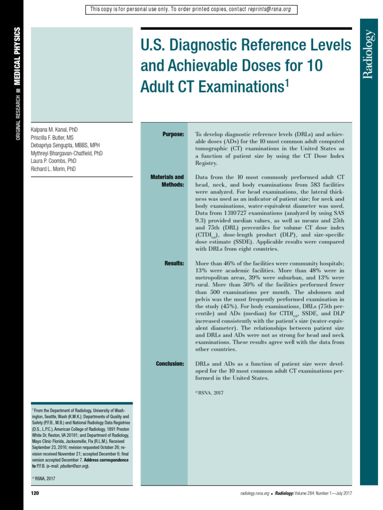 Kanal Et Al 2017 U S Diagnostic Reference Levels and Achievable Doses ...