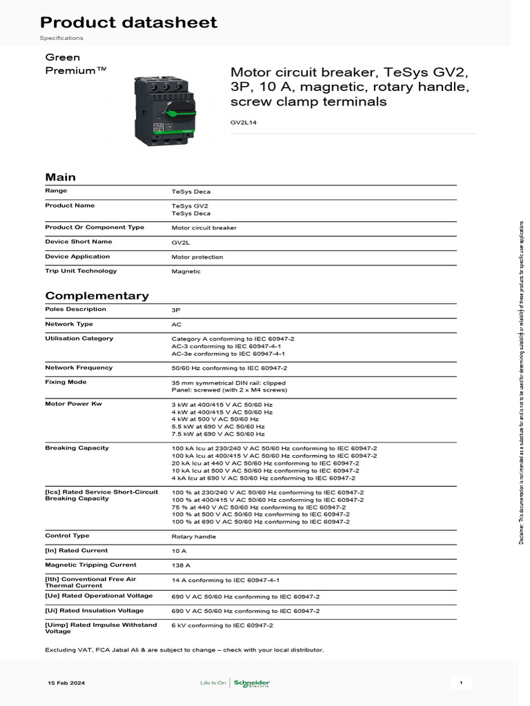 Schneider Electric - TeSys-Deca-frame-2 - GV2L14 | PDF | Electric Motor ...