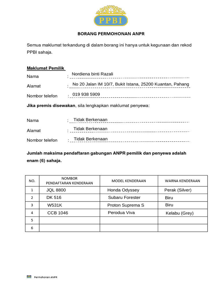 Borang Permohonan Anpr | PDF