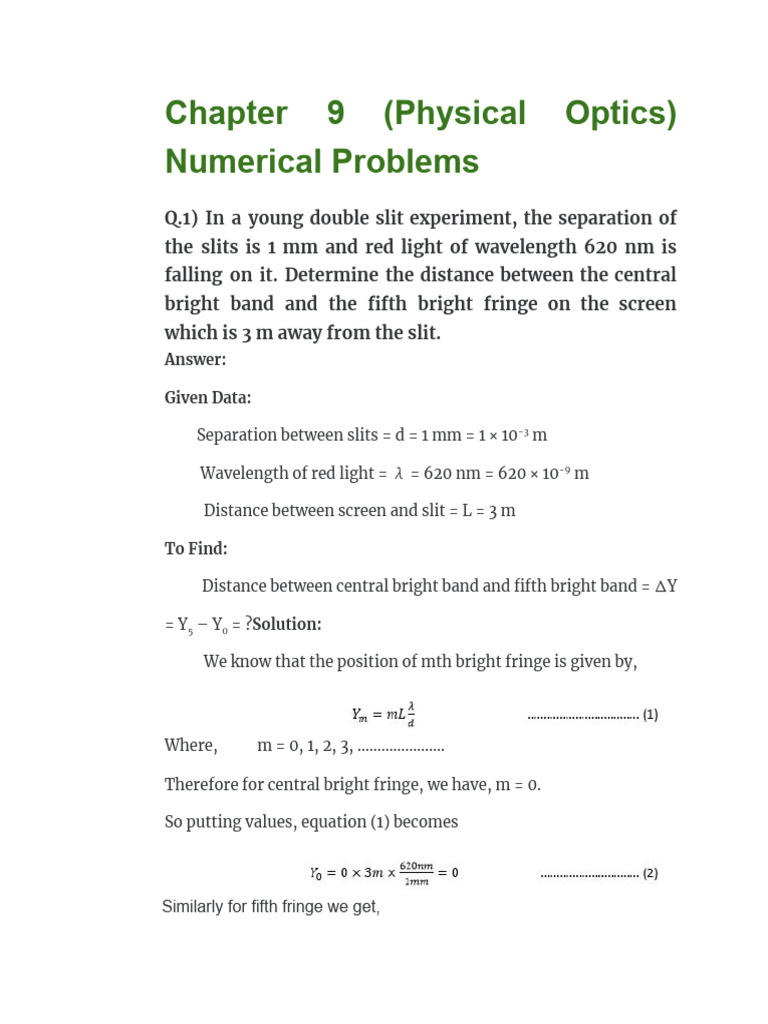 Chapter 9 Physical Optics Numerical Probelms | PDF | Wavelength | Interferometry