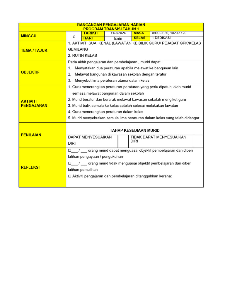 RPH Transisi Minggu 2 | PDF