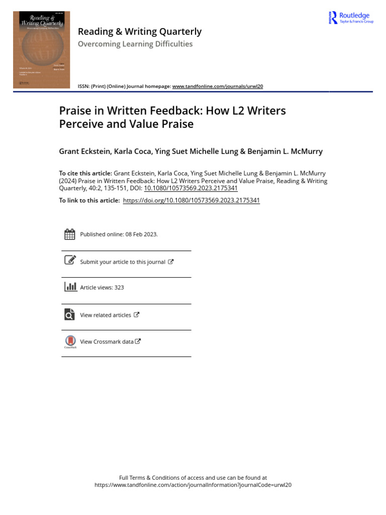 Praise in Written Feedback How L2 Writers Perceive and Value Praise ...