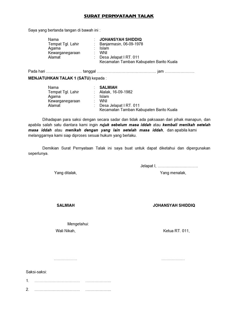 Surat Talak Johansyah Shiddiq - Salmiah | PDF