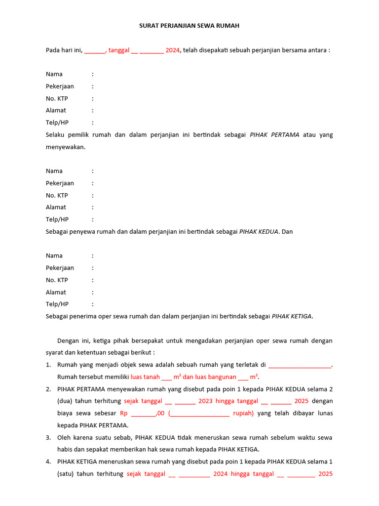 Surat Perjanjian Oper Sewa Rumah | PDF