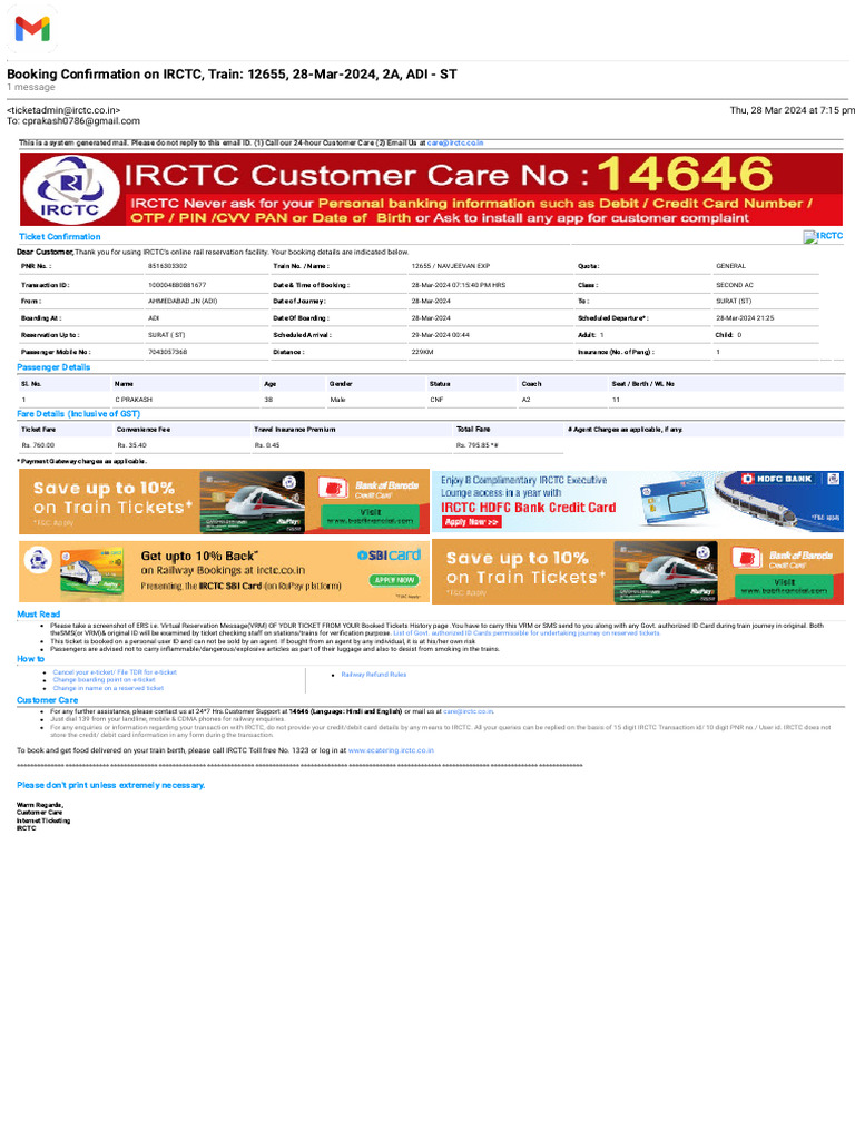 Gmail - Booking Confirmation On IRCTC, Train - 12655, 28-Mar-2024, 2A, ADI - ST | PDF | Service ...