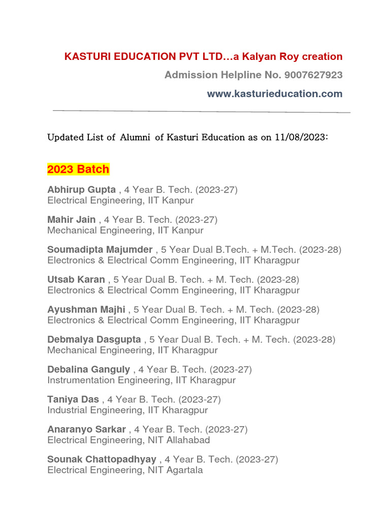 Kasturi Education Alumni List 2023 | PDF | Engineering | Science Education