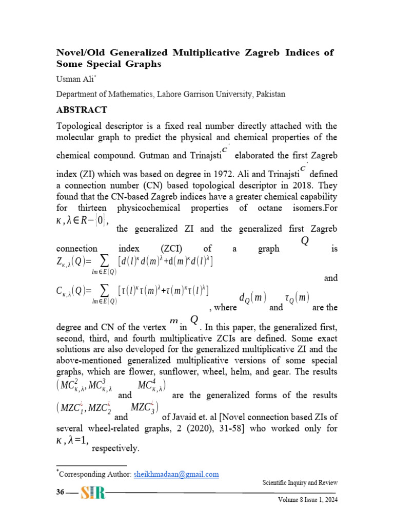 Novel/Old Generalized Multiplicative Zagreb Indices of Some Special Graphs | PDF | Vertex (Graph ...